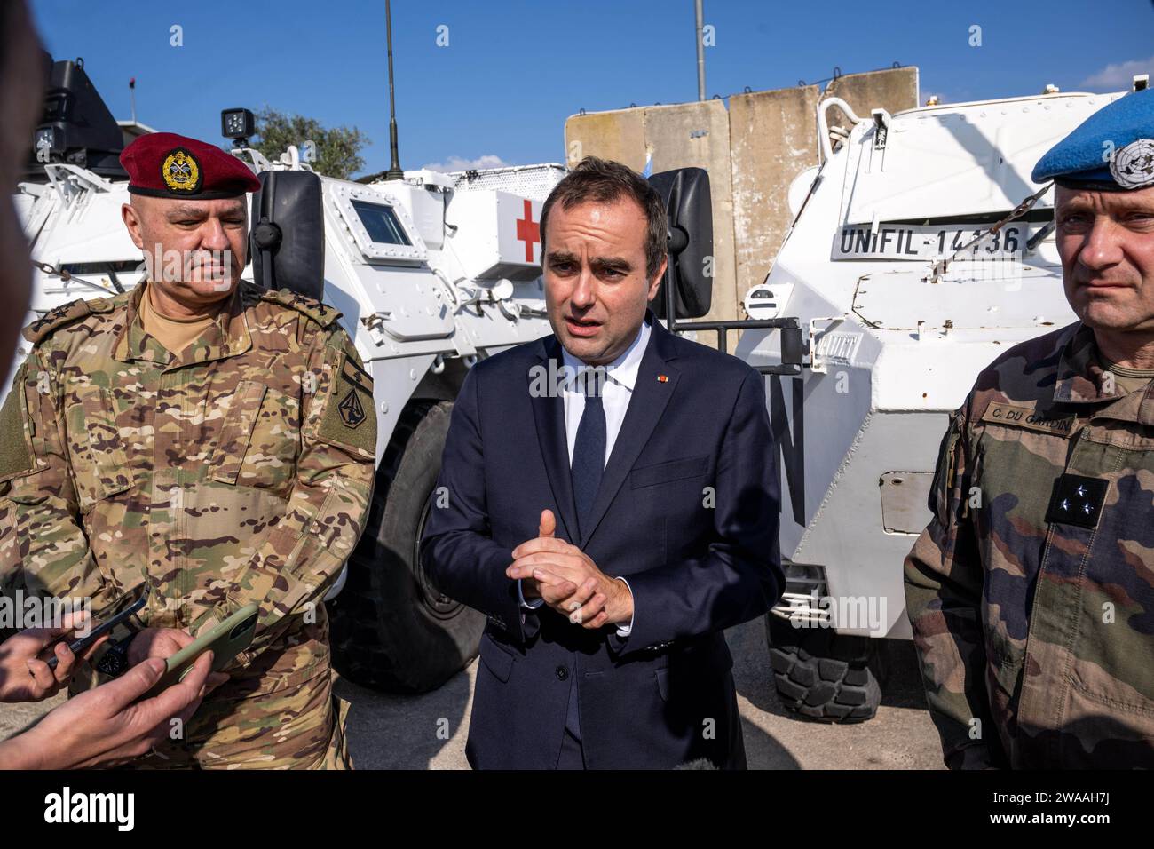 Deir Kifa, Lebanon. 01st Jan, 2024. French army minister Sebastien ...