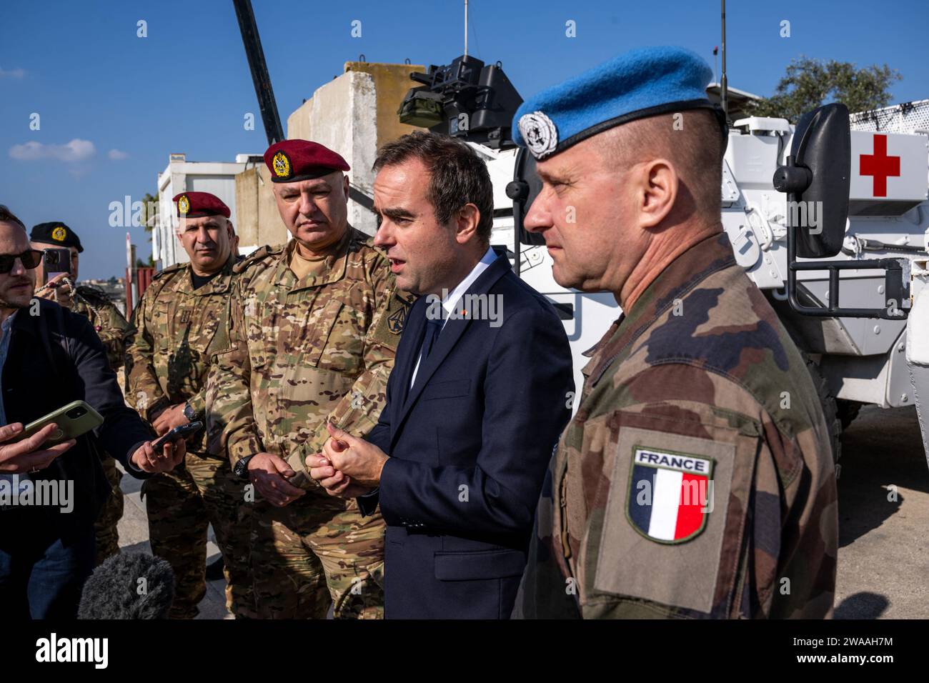 Deir Kifa, Lebanon. 01st Jan, 2024. French army minister Sebastien ...