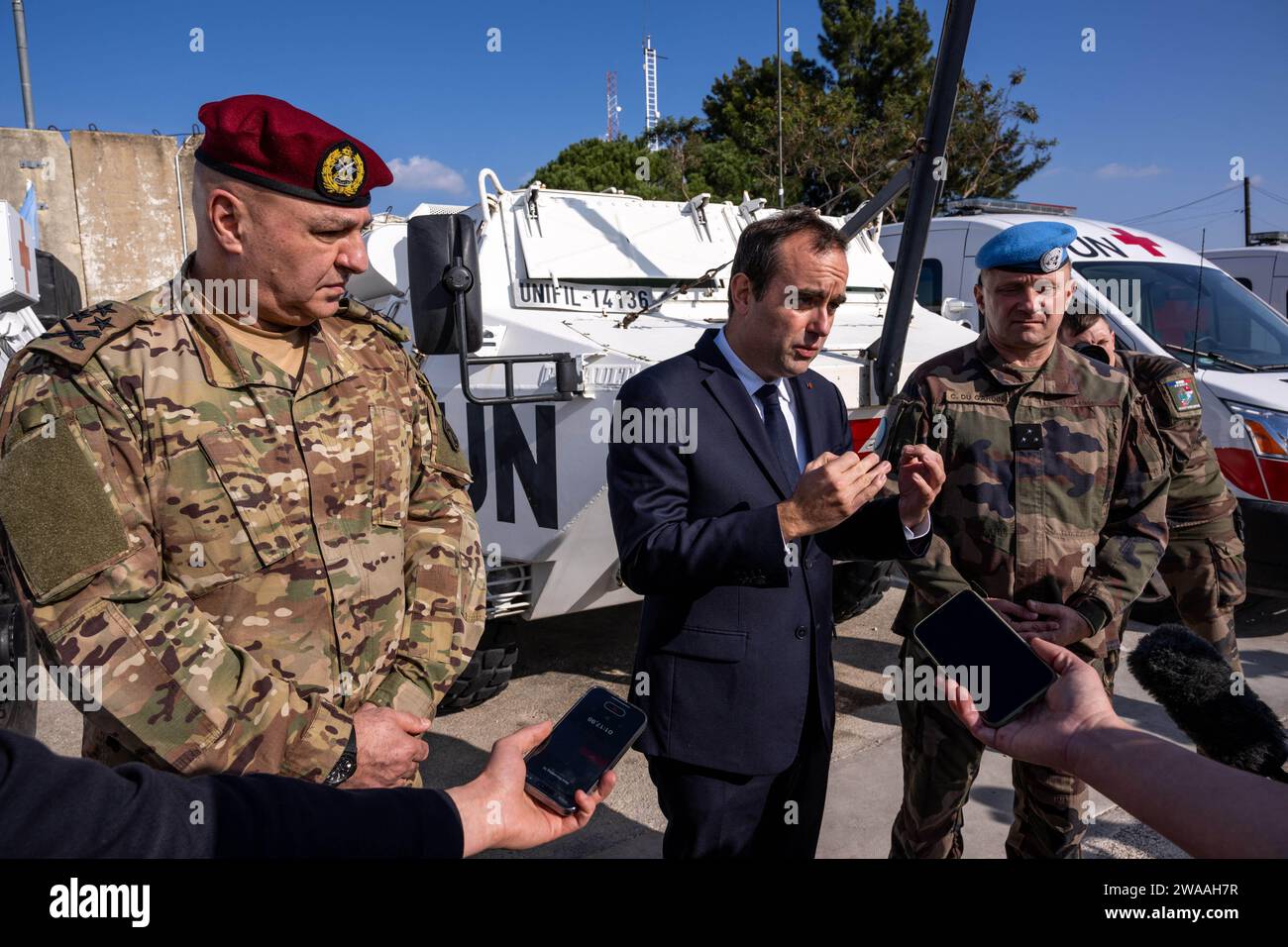 Deir Kifa, Lebanon. 01st Jan, 2024. French army minister Sebastien ...