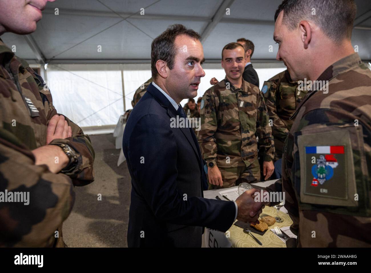 Deir Kifa, Lebanon. 01st Jan, 2024. French army minister Sebastien ...