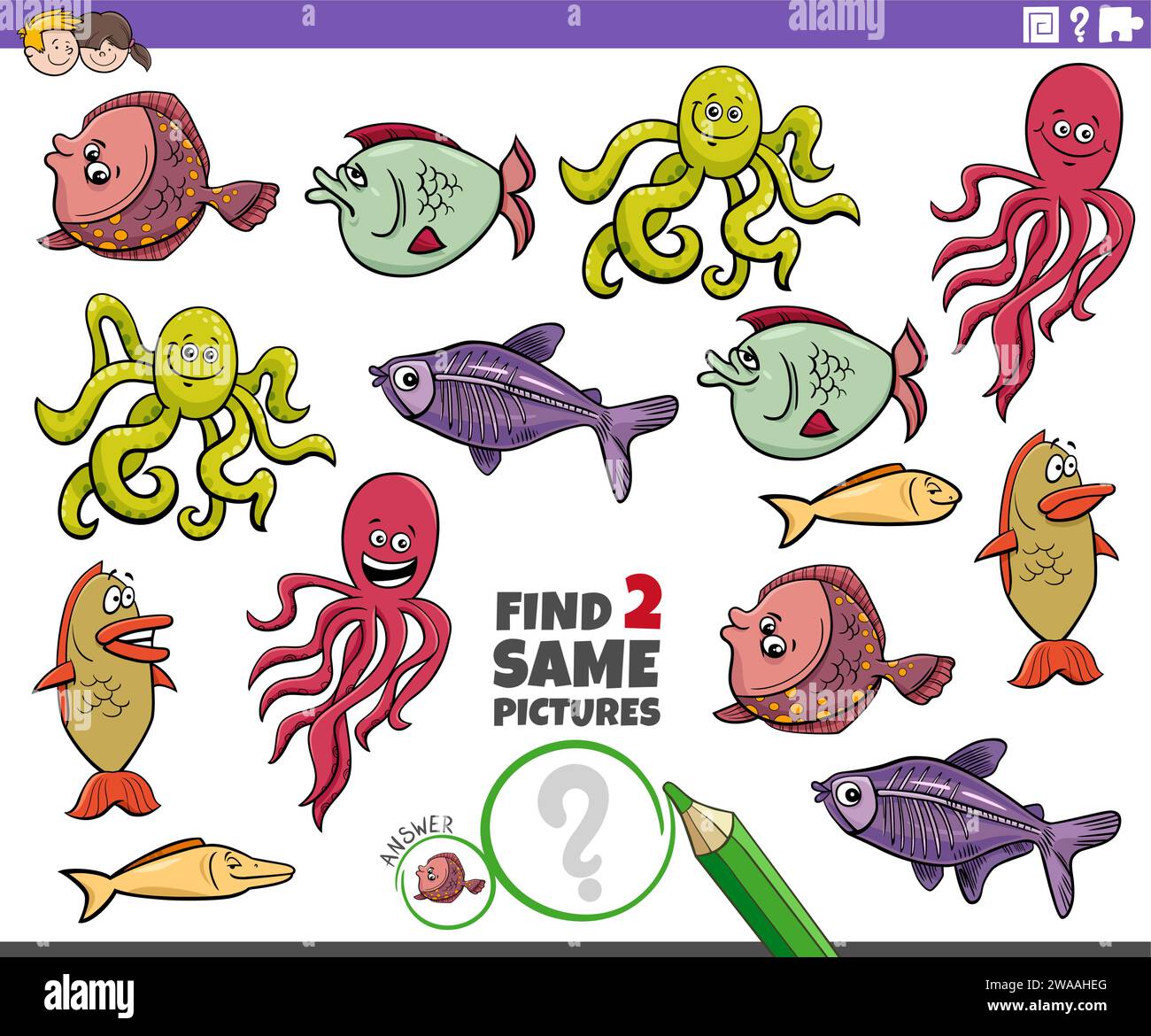 Cartoon illustration of finding two same pictures educational game with ...