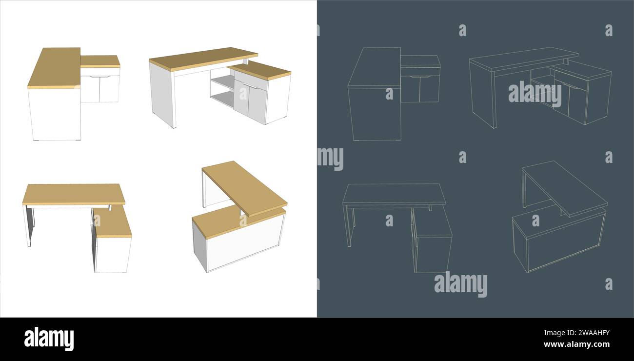 Set of working table wireframe furniture vector for work, study, design ...