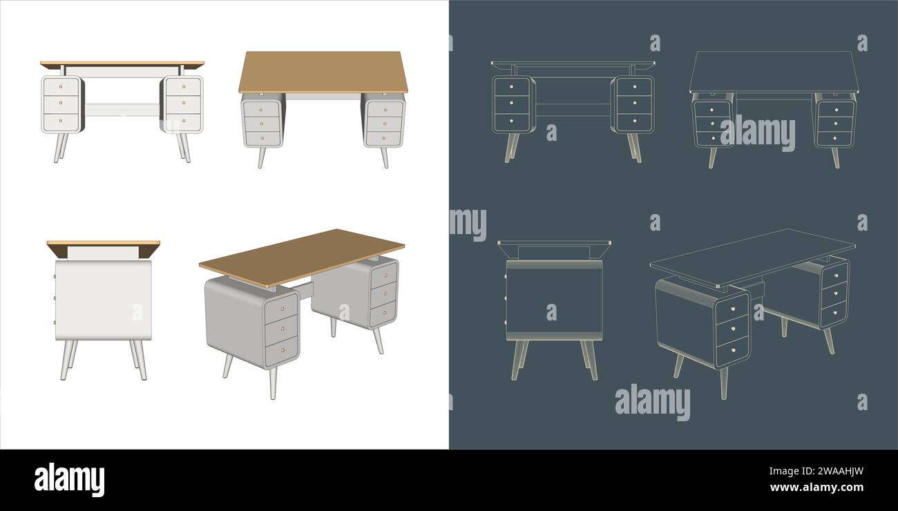 Set of working table wireframe furniture vector for work, study, design ...
