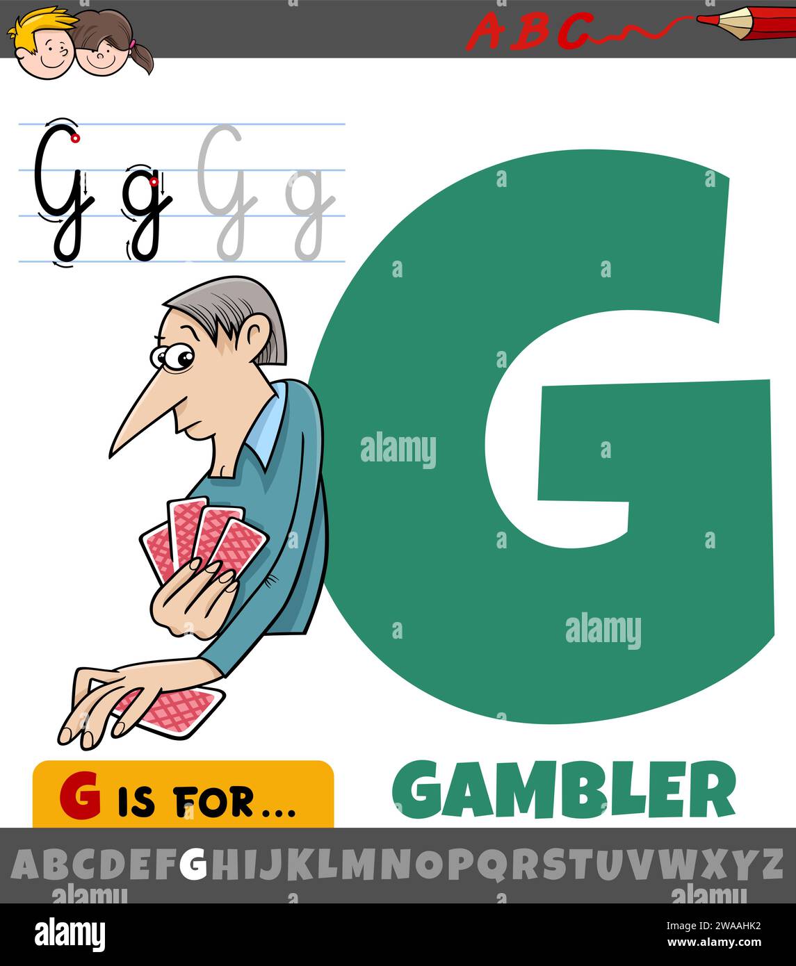 Educational cartoon illustration of letter G from alphabet with gambler ...