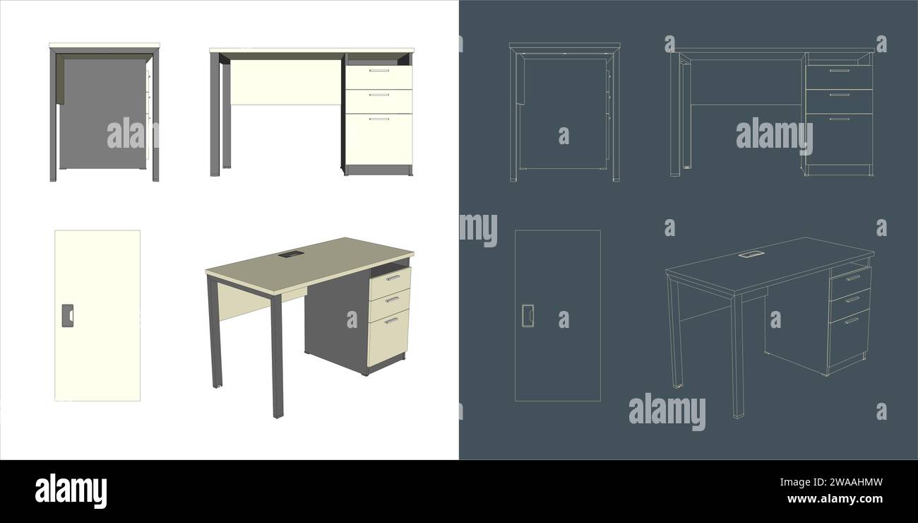 Set of working table wireframe furniture vector for work, study, design ...
