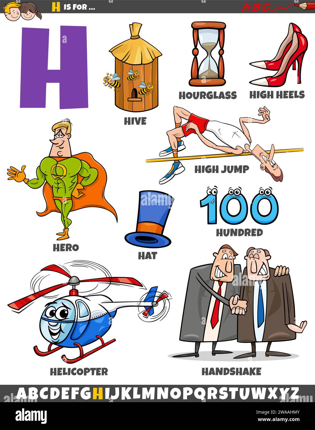 Cartoon illustration of objects and characters set for letter H Stock ...