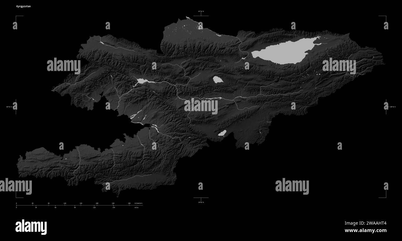 Shape of a Grayscale elevation map with lakes and rivers of the Kyrgyzstan, with distance scale ...