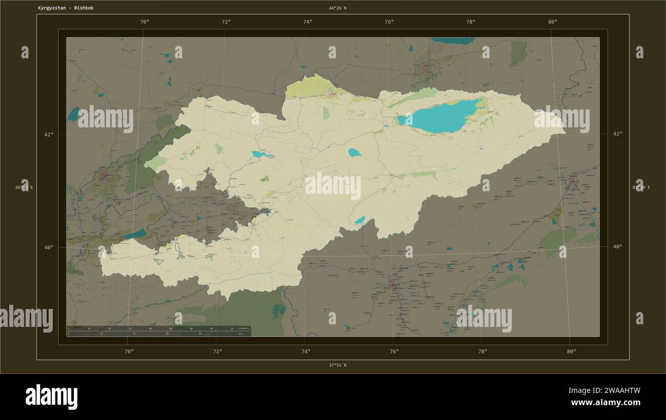 Kyrgyzstan highlighted on a topographic, OSM Humanitarian style map map ...