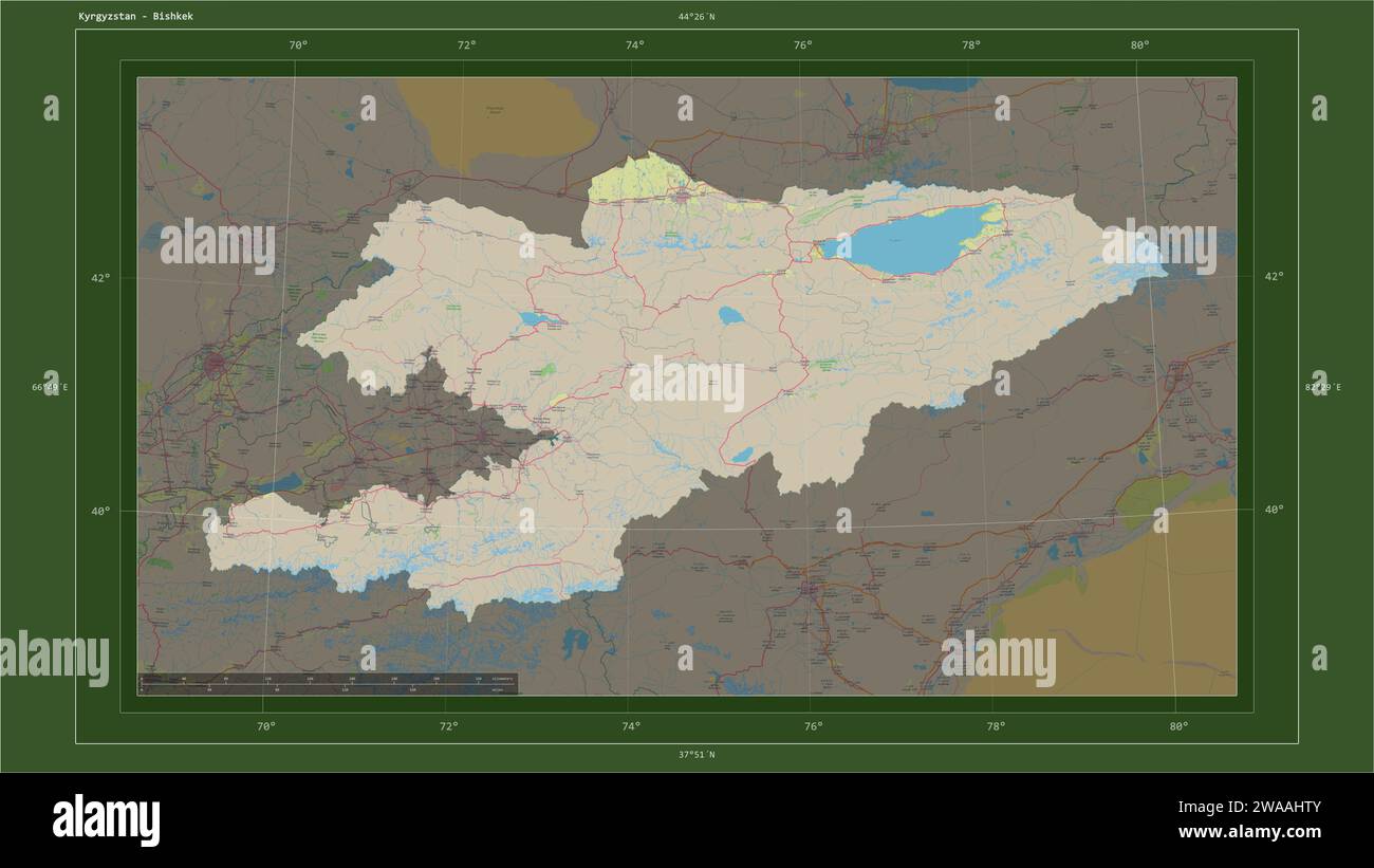 Kyrgyzstan highlighted on a topographic, OSM Germany style map map with ...