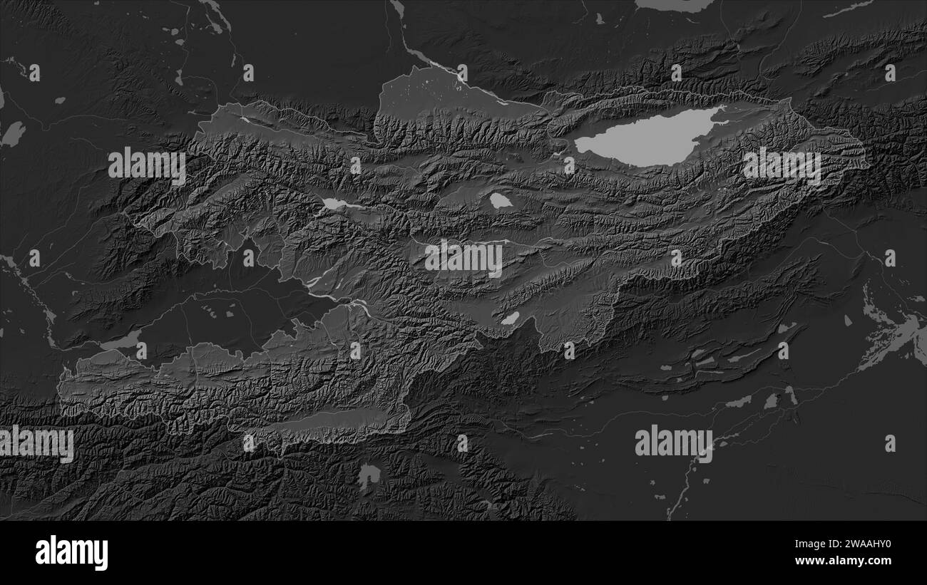 Kyrgyzstan highlighted on a Bilevel elevation map with lakes and rivers ...