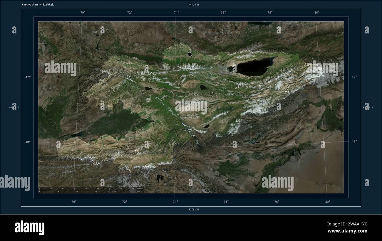 Kyrgyzstan highlighted on a high resolution satellite map map with the ...