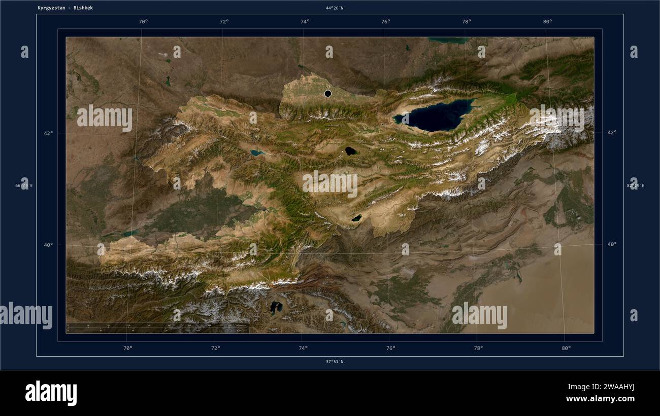 Kyrgyzstan highlighted on a low resolution satellite map map with the ...