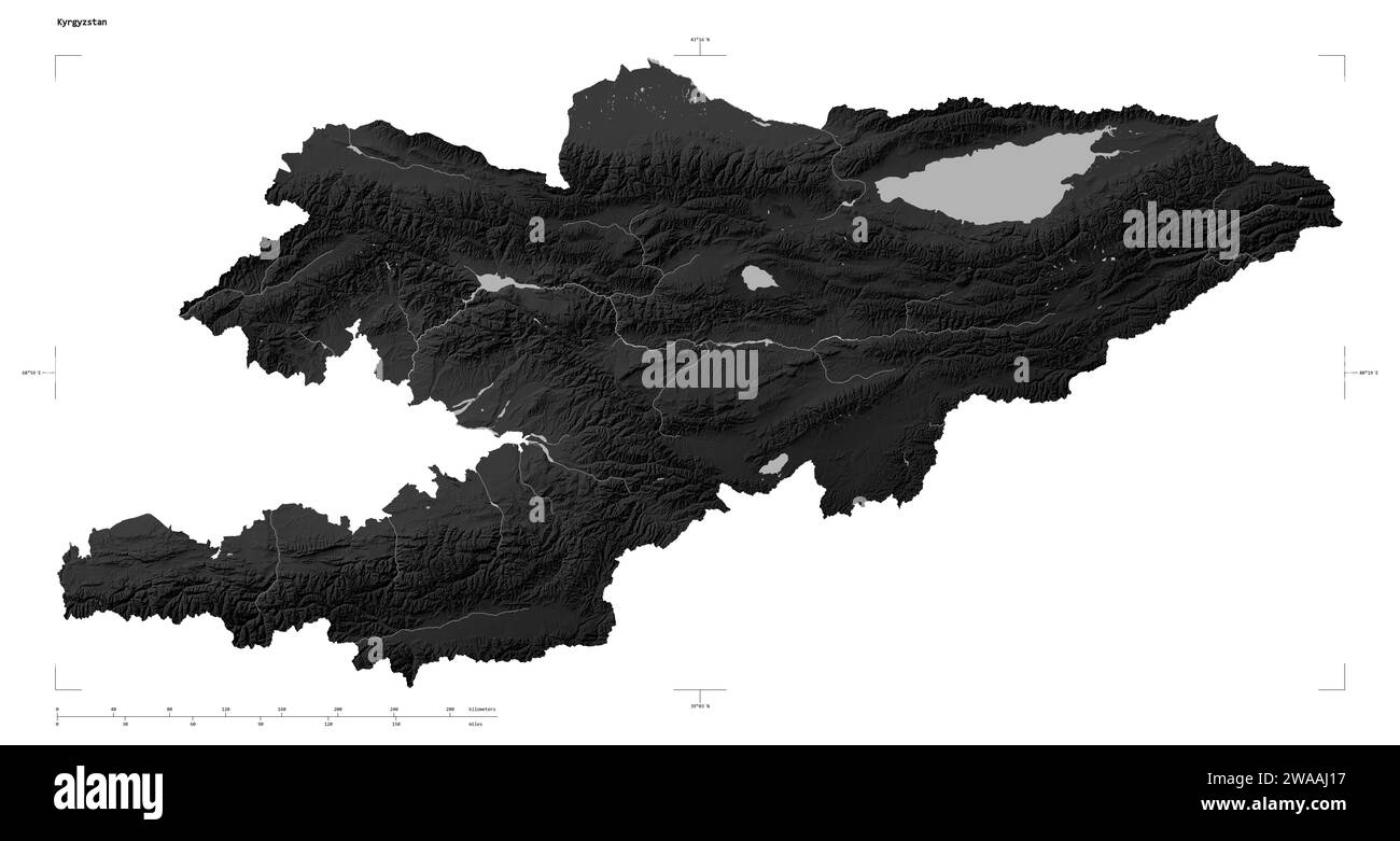 Shape of a Grayscale elevation map with lakes and rivers of the Kyrgyzstan, with distance scale ...