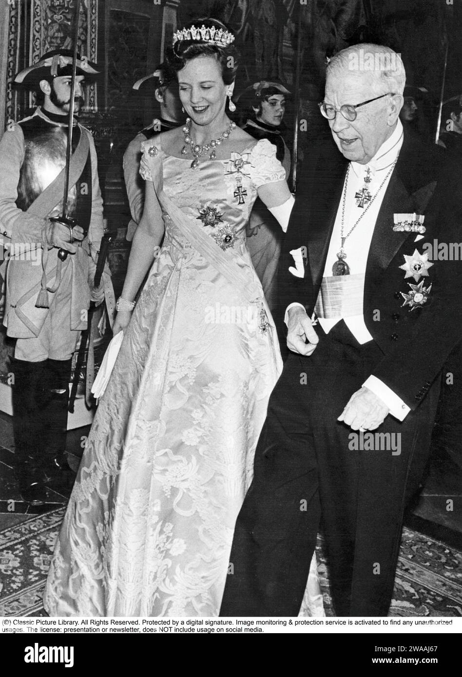Queen Margrethe II of Denmark. Pictured with the swedish king Gustaf VI ...