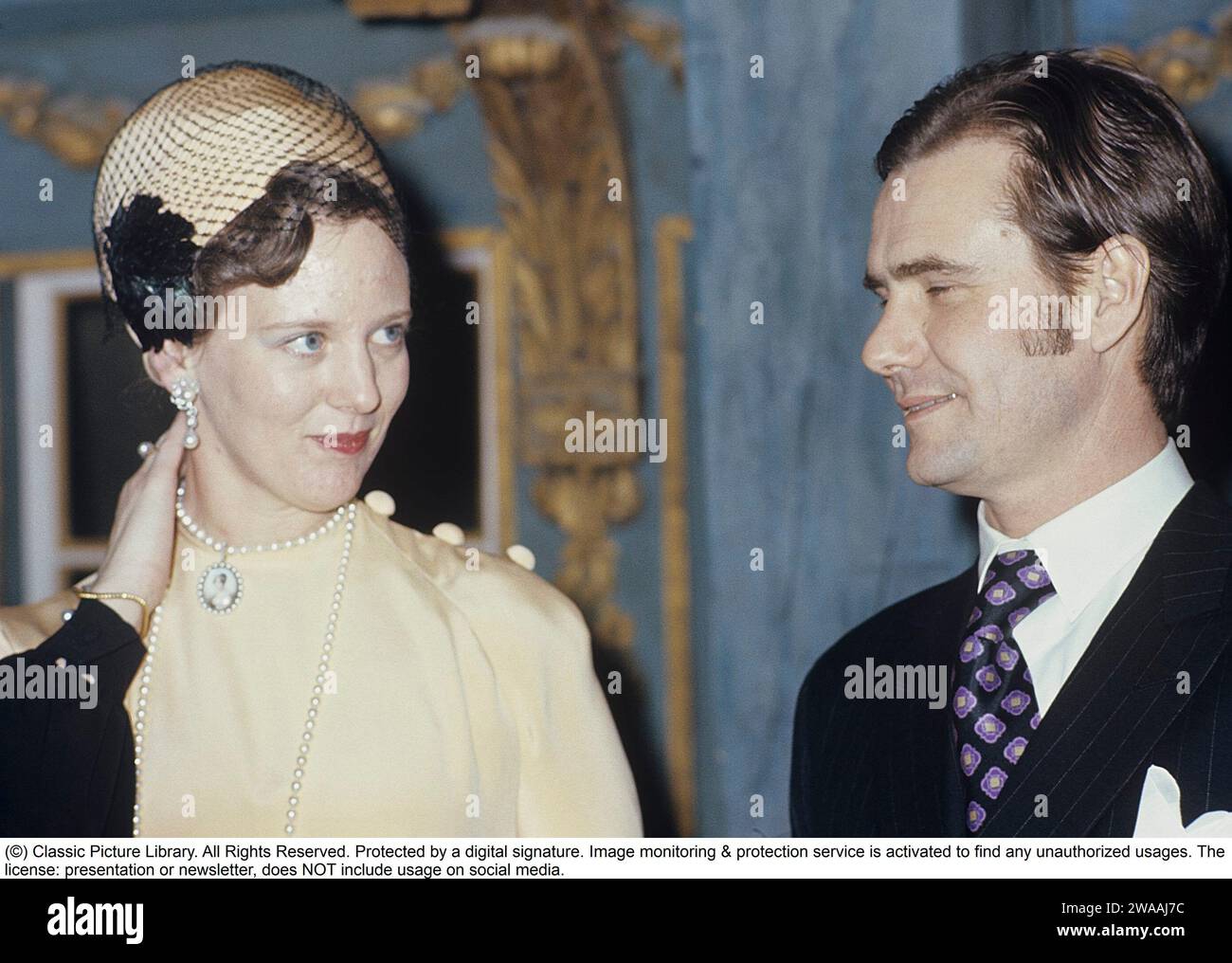 Margrethe II of Denmark. On a visit to Sweden 1973 with prince Henrik ...