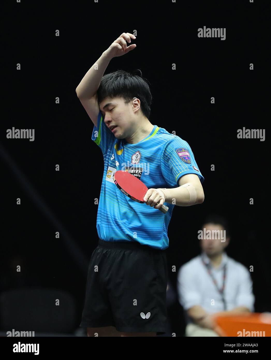 Doha, Qatar. 3rd Jan, 2024. Lin Yun-Ju reacts during the men's singles ...