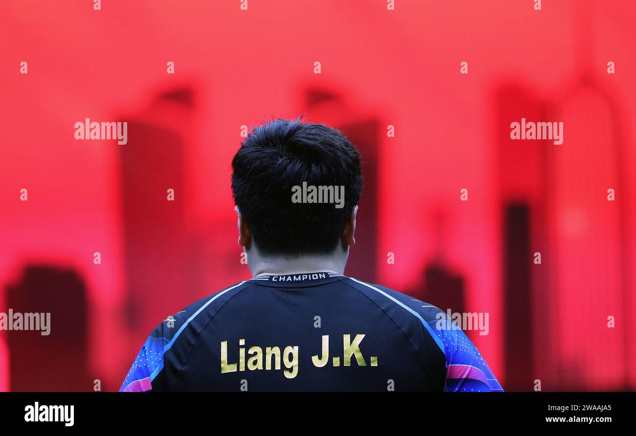 Doha, Qatar. 3rd Jan, 2024. Liang Jingkun reacts during the men's ...