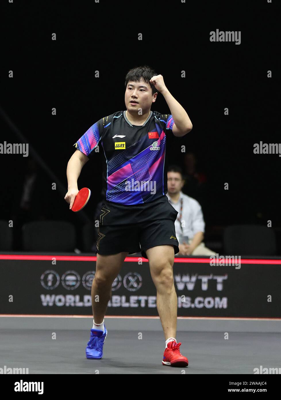 Doha, Qatar. 3rd Jan, 2024. Liang Jingkun celebrates winning the men's ...