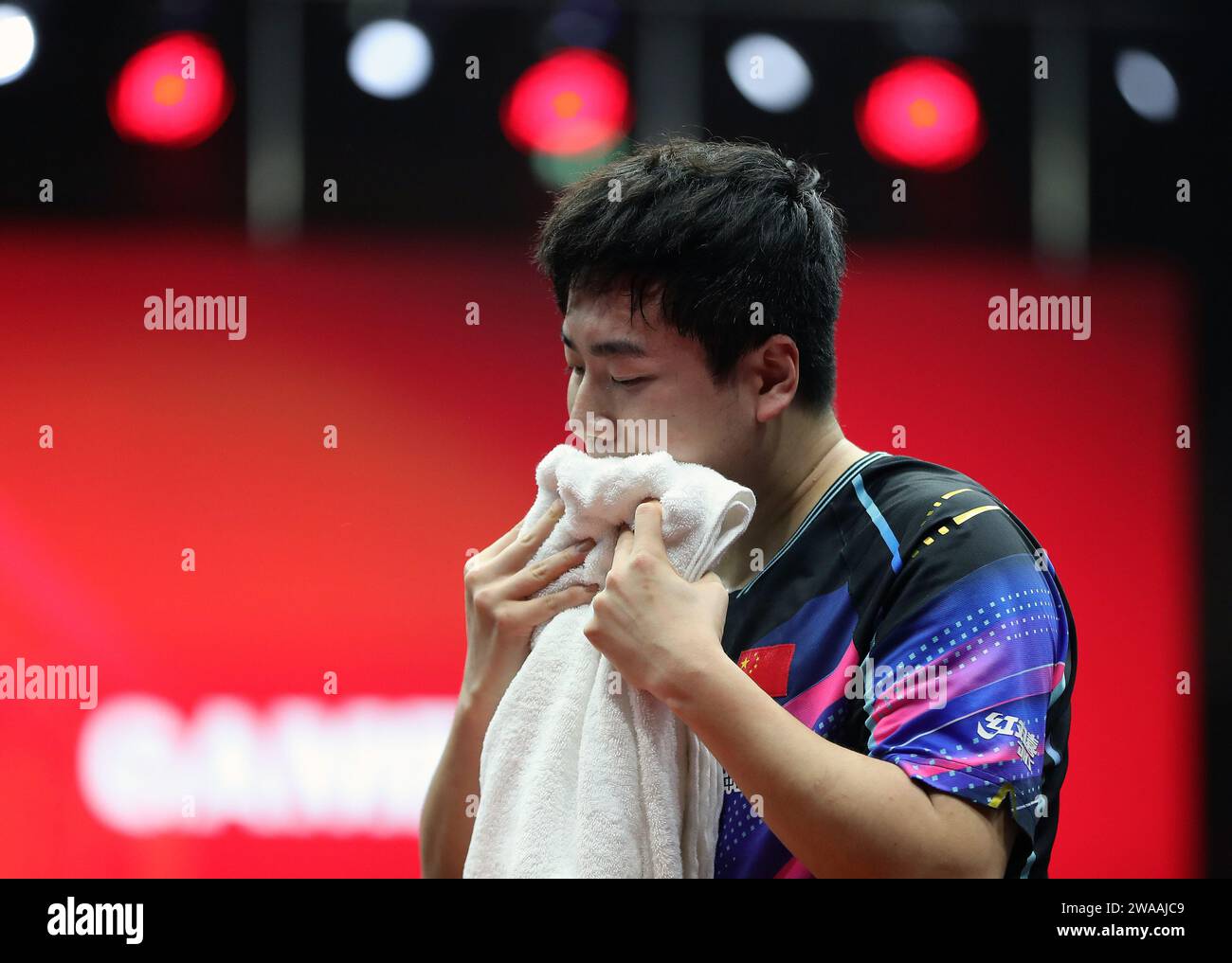 Doha, Qatar. 3rd Jan, 2024. Liang Jingkun reacts during the men's ...
