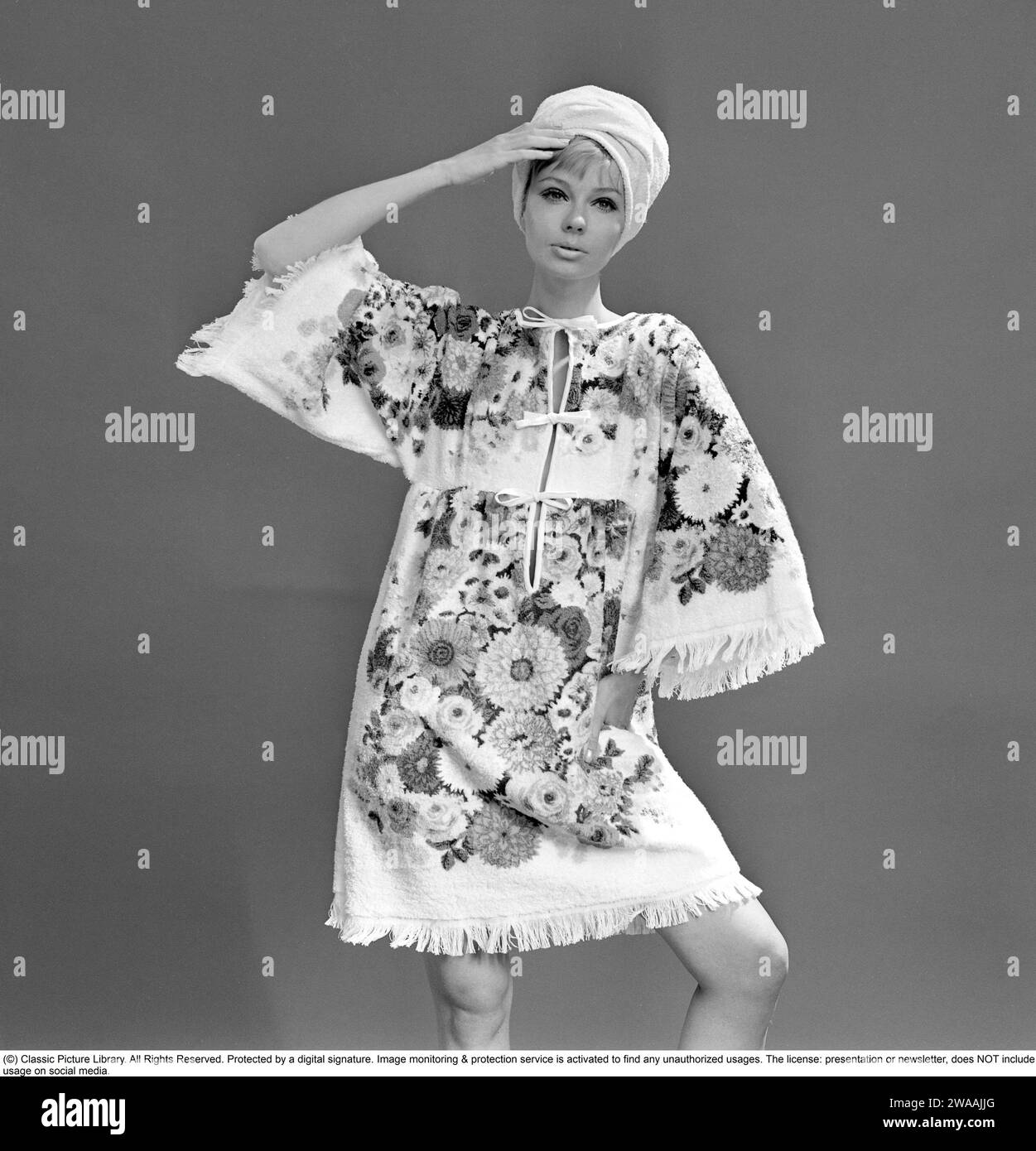 In the 1960s. A fashion model dressed in a summer outfit, like a ...