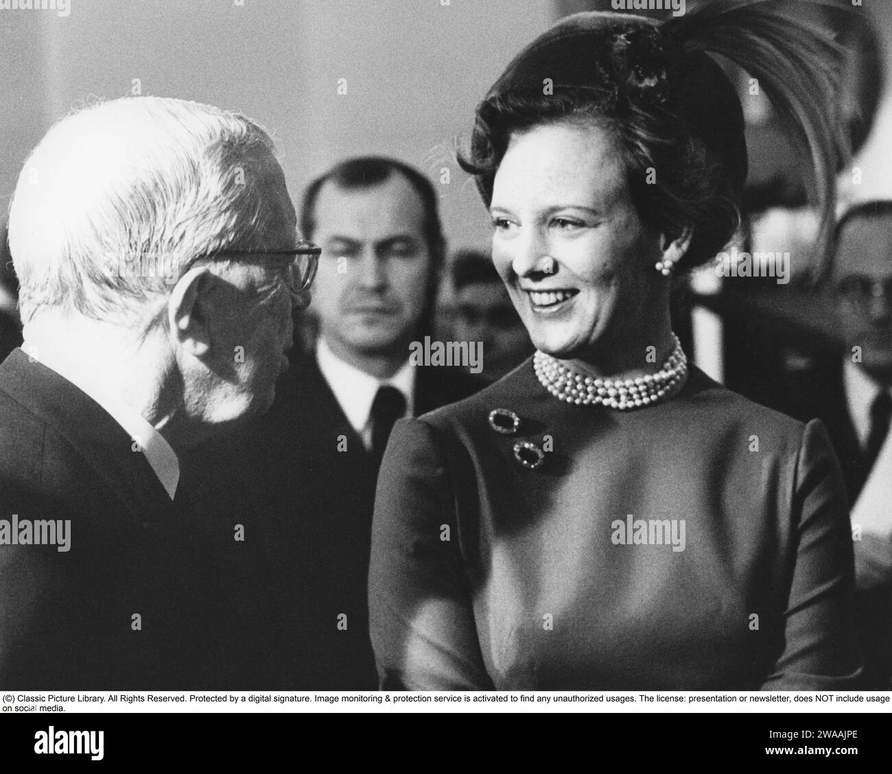 Queen Margrethe II of Denmark. Pictured talking to the swedish king ...