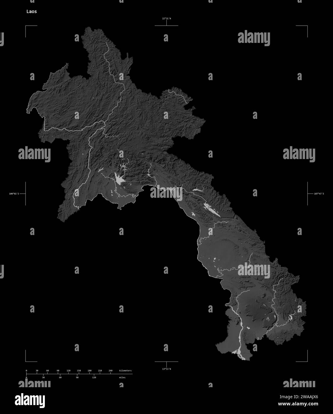Shape of a Grayscale elevation map with lakes and rivers of the Laos ...