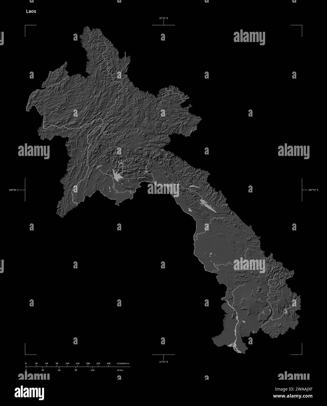 Shape of a Bilevel elevation map with lakes and rivers of the Laos, with distance scale and map ...