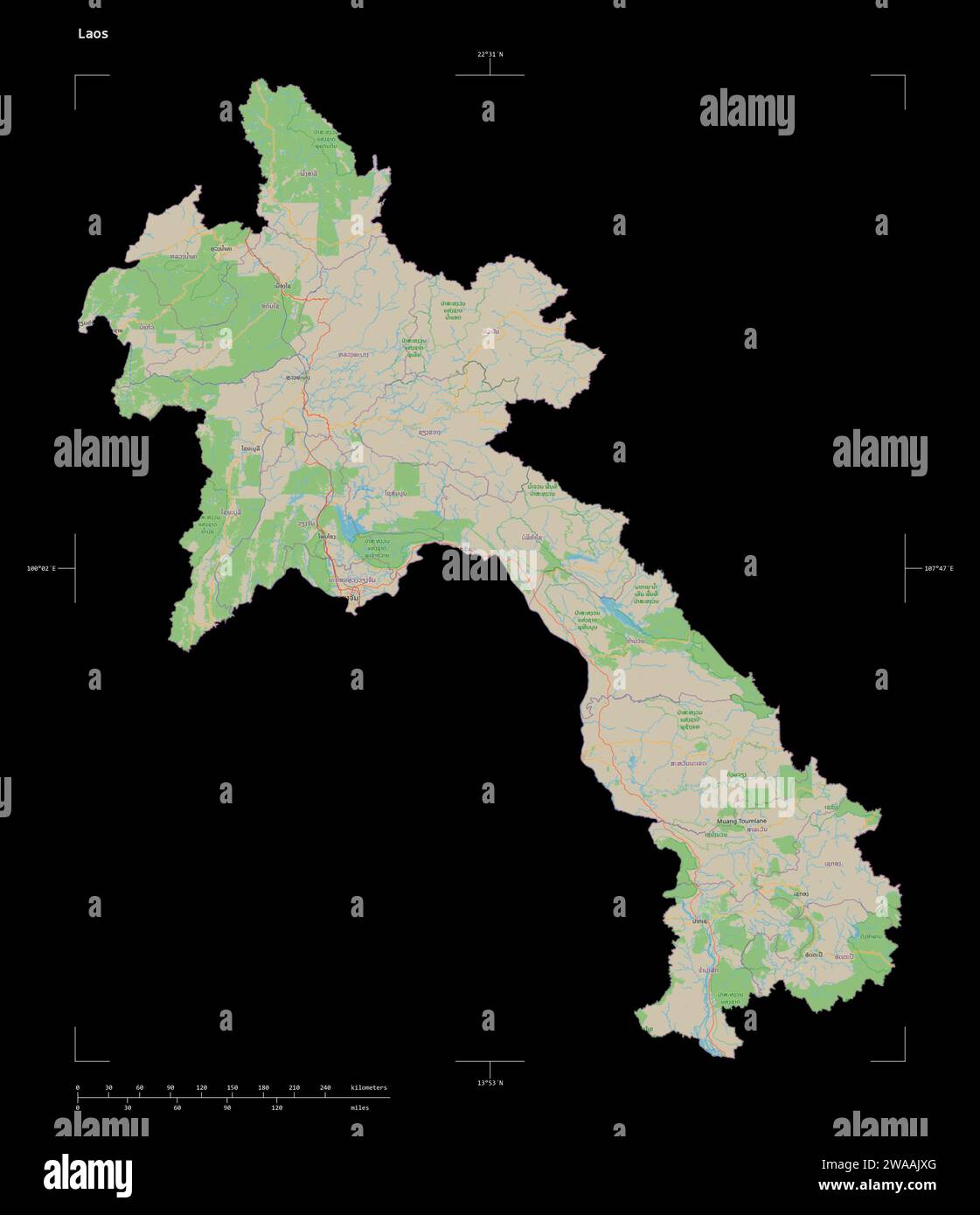 Shape of a topographic, OSM standard style map of the Laos, with distance scale and map border ...