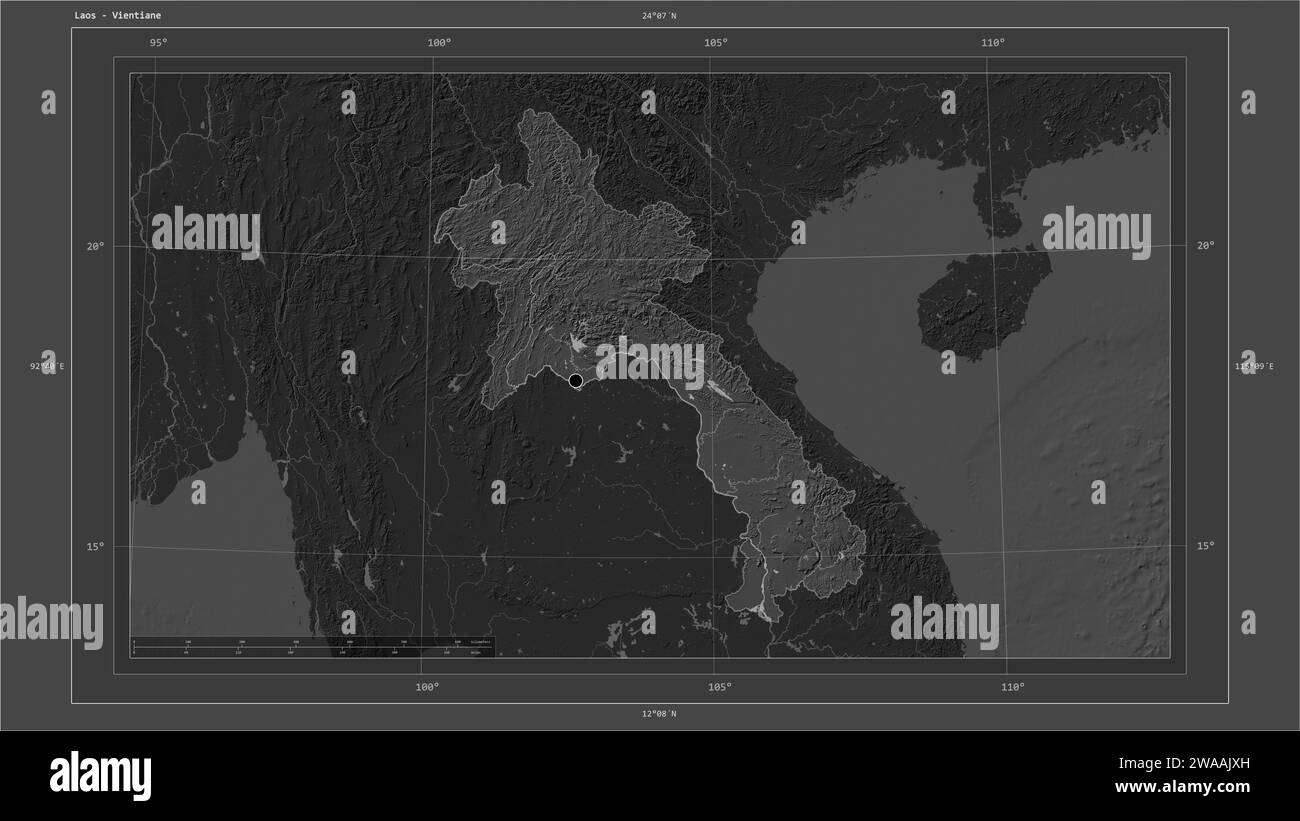 Laos highlighted on a Bilevel elevation map with lakes and rivers map ...