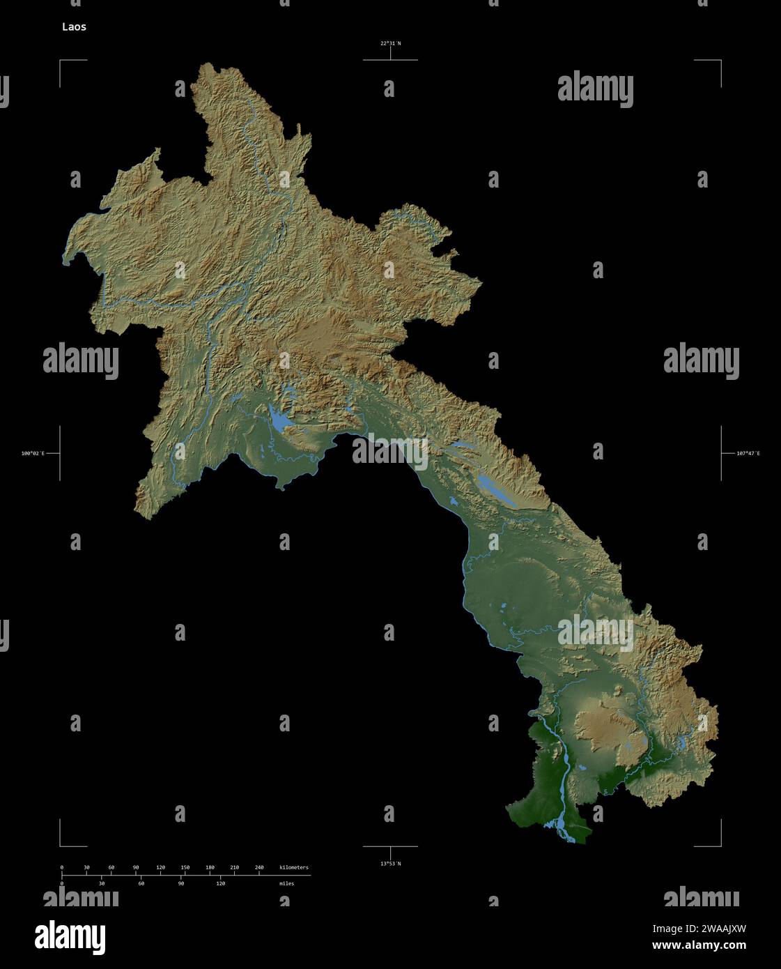 Shape of a Colored elevation map with lakes and rivers of the Laos, with distance scale and map ...