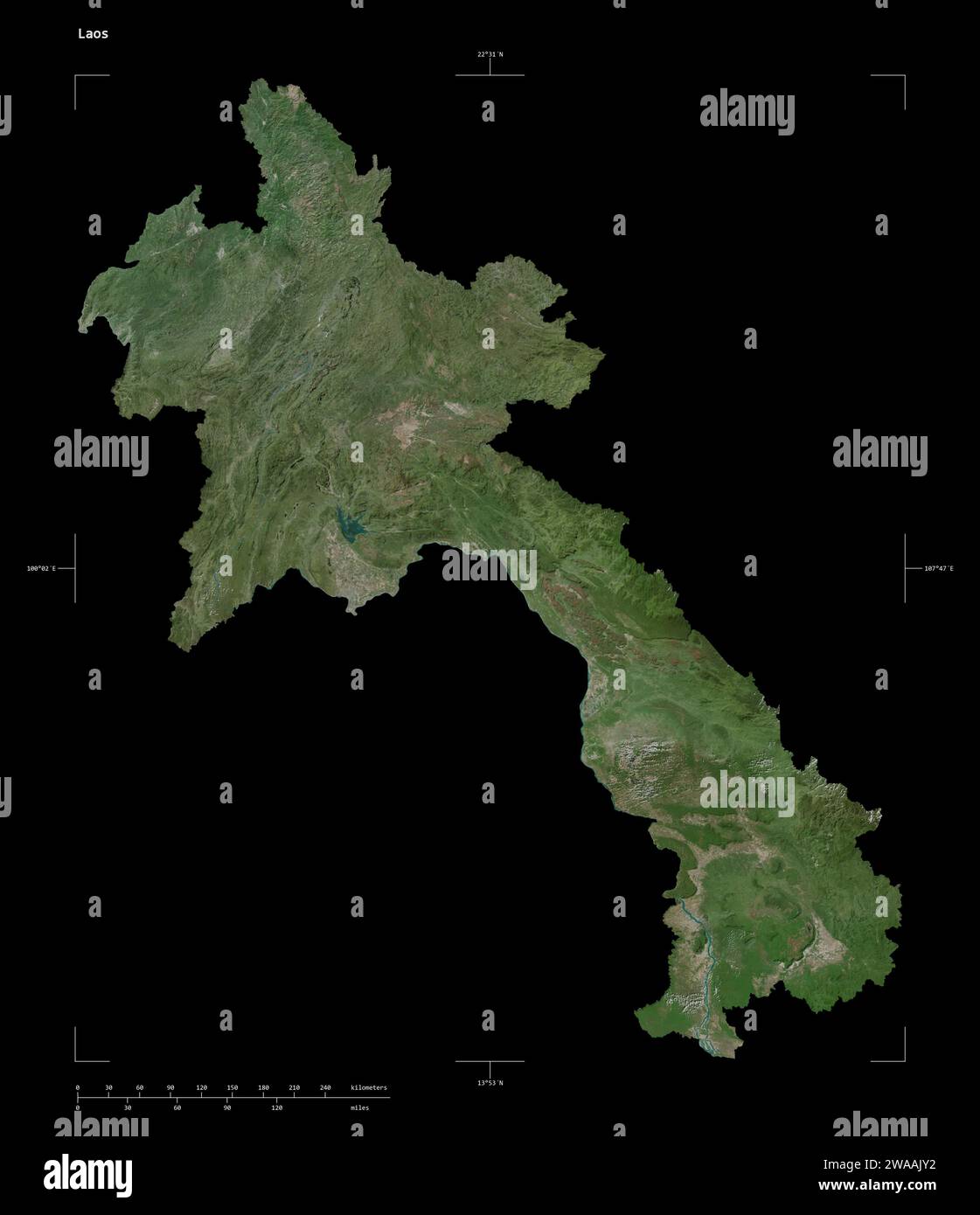 Shape of a high resolution satellite map of the Laos, with distance scale and map border ...