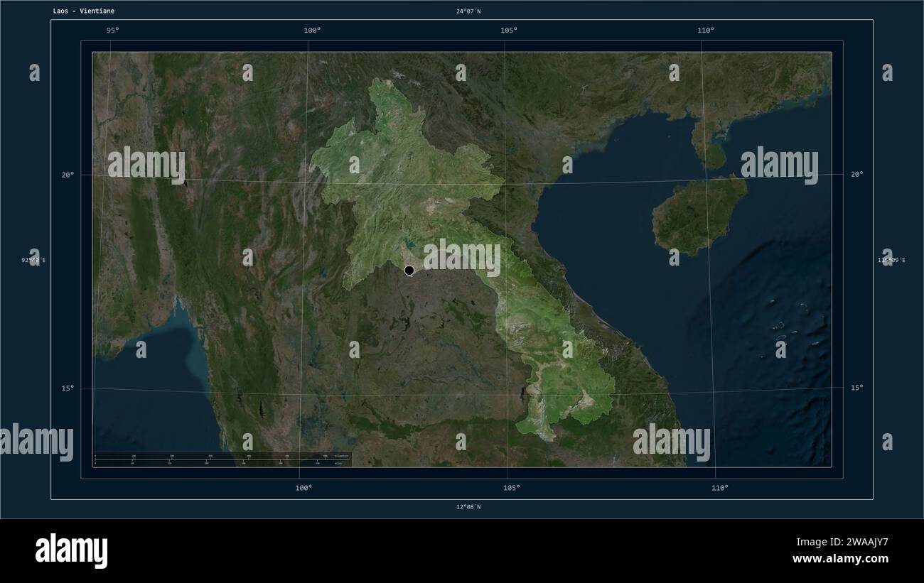 Laos highlighted on a high resolution satellite map map with the country's capital point ...