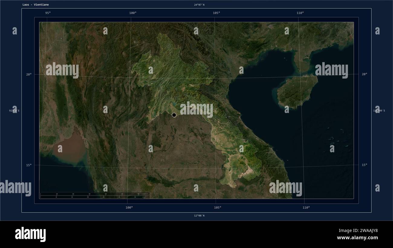 Laos highlighted on a low resolution satellite map map with the country's capital point ...