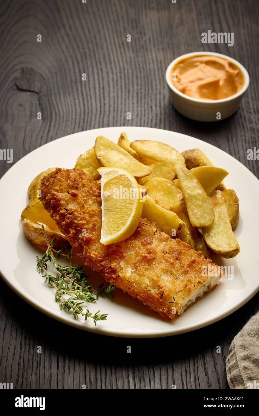 plate of fish and chips, breaded fish fillet and fried potato wedges on ...