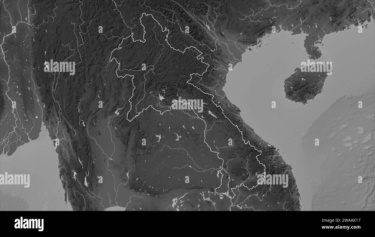 Laos outlined on a Grayscale elevation map with lakes and rivers Stock ...