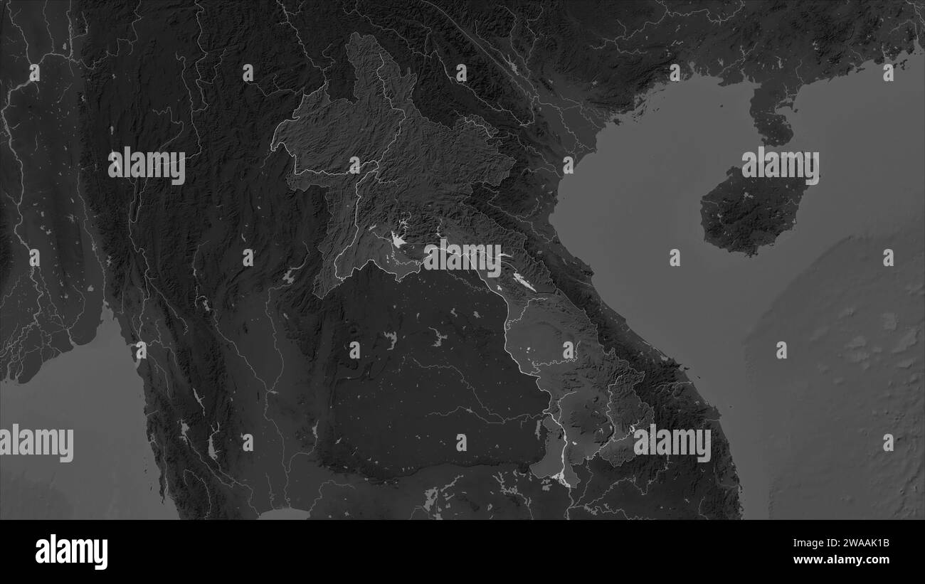 Laos highlighted on a Grayscale elevation map with lakes and rivers ...
