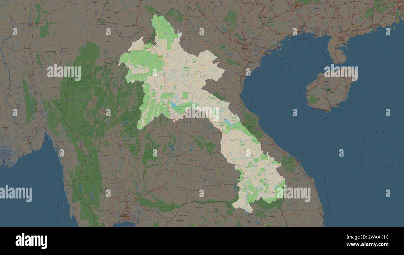 Laos highlighted on a topographic, OSM standard style map Stock Photo ...