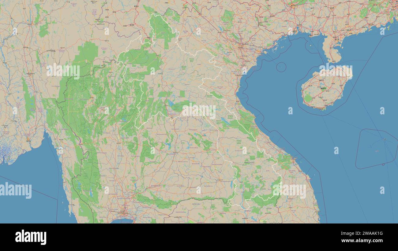 Laos outlined on a topographic, OSM standard style map Stock Photo - Alamy