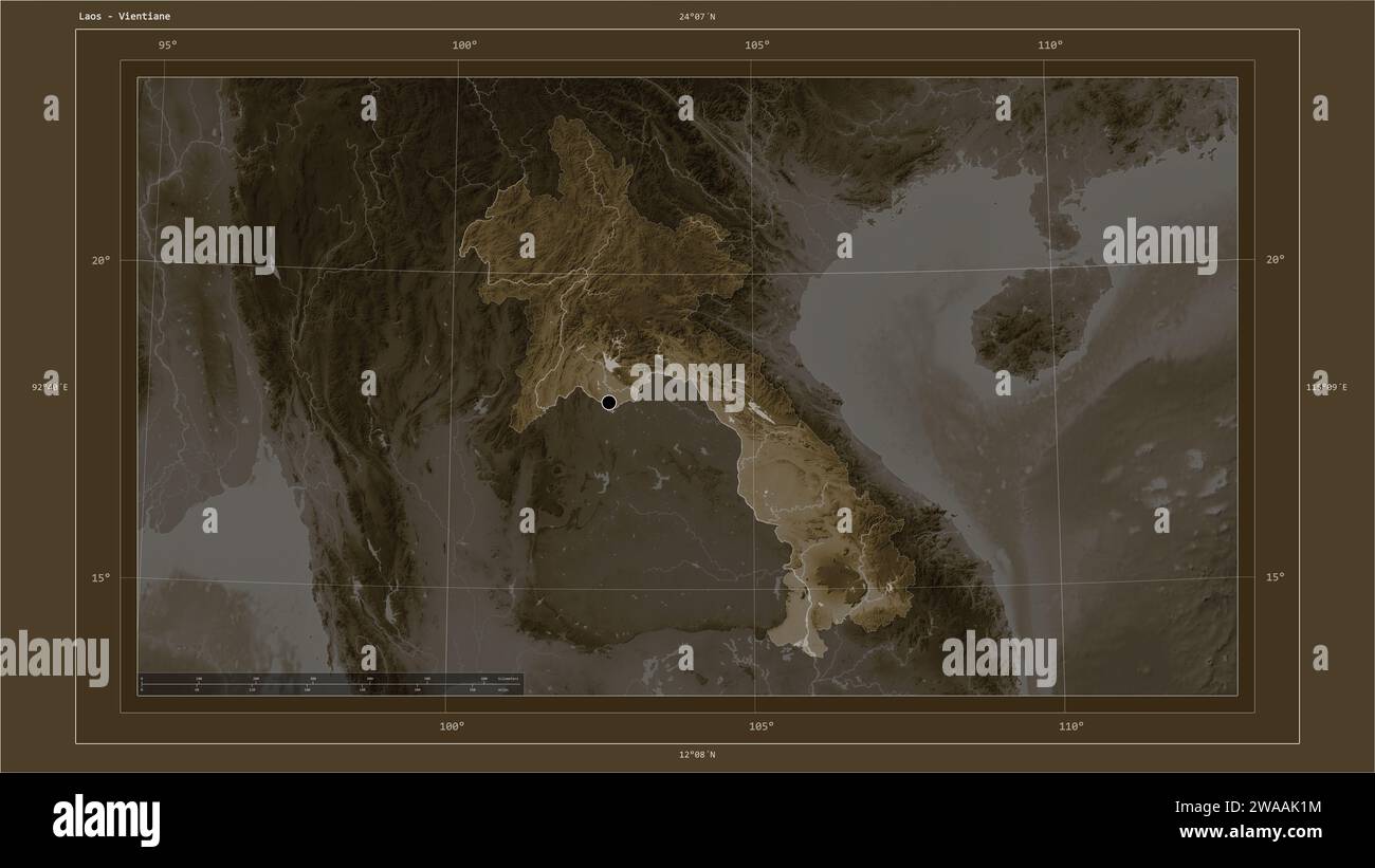 Laos highlighted on a elevation map colored in sepia tones with lakes ...