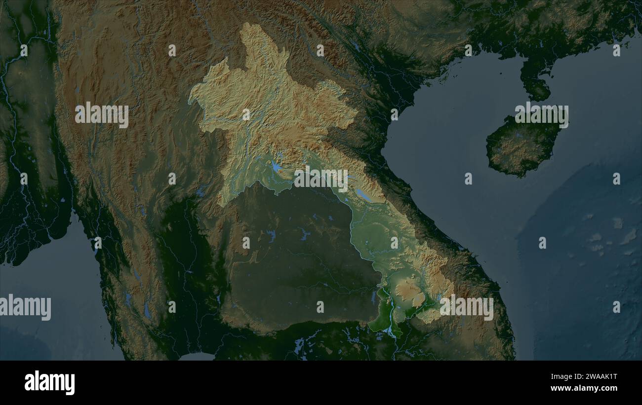 Laos highlighted on a Colored elevation map with lakes and rivers Stock ...