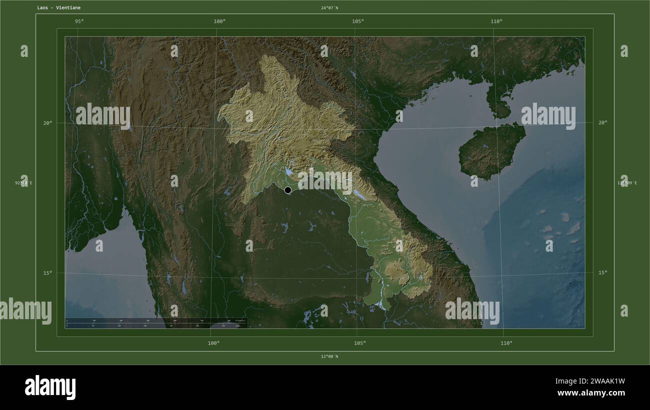 Laos highlighted on a Pale colored elevation map with lakes and rivers ...