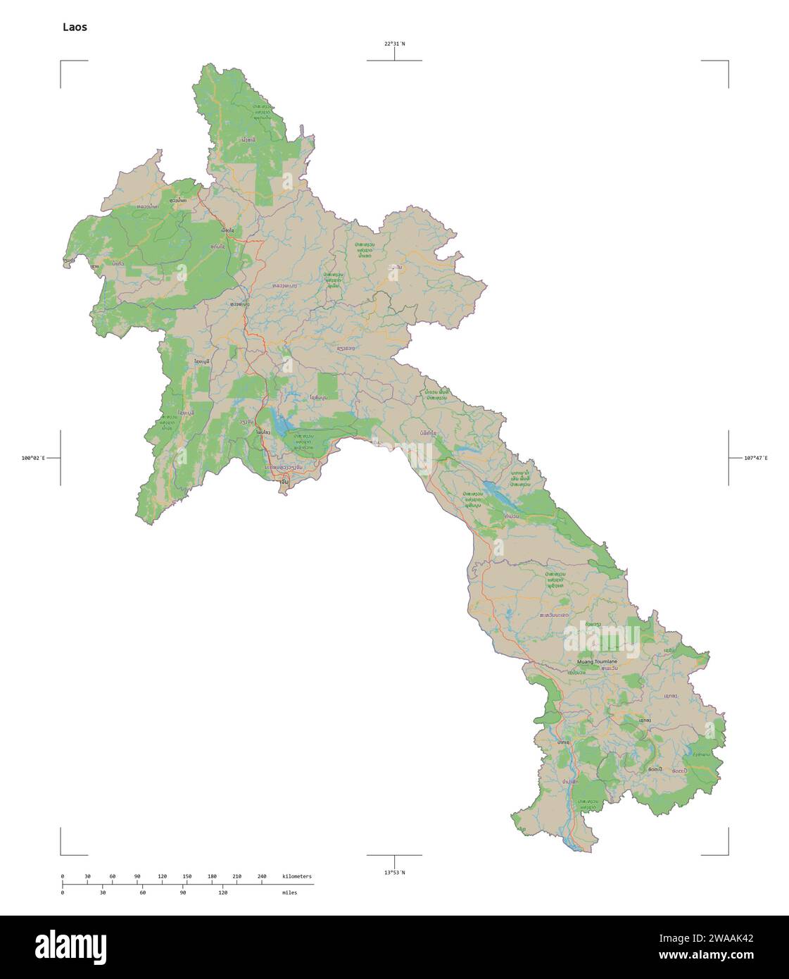 Shape of a topographic, OSM standard style map of the Laos, with distance scale and map border ...