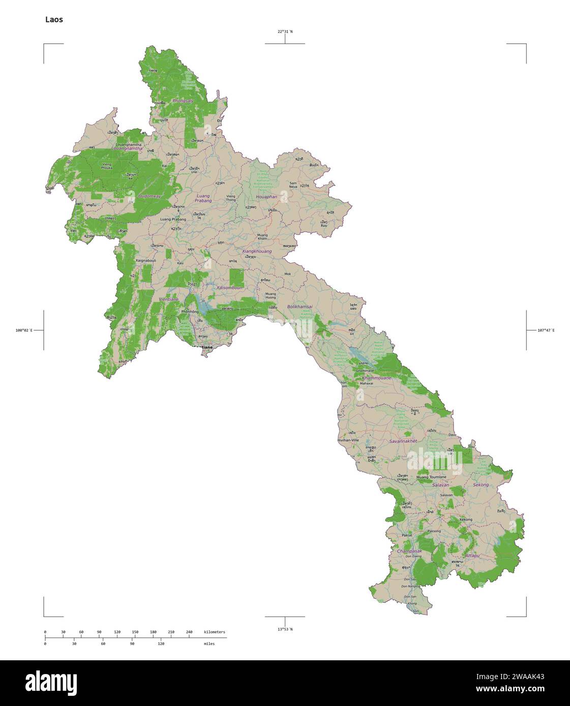 Shape of a topographic, OSM France style map of the Laos, with distance ...