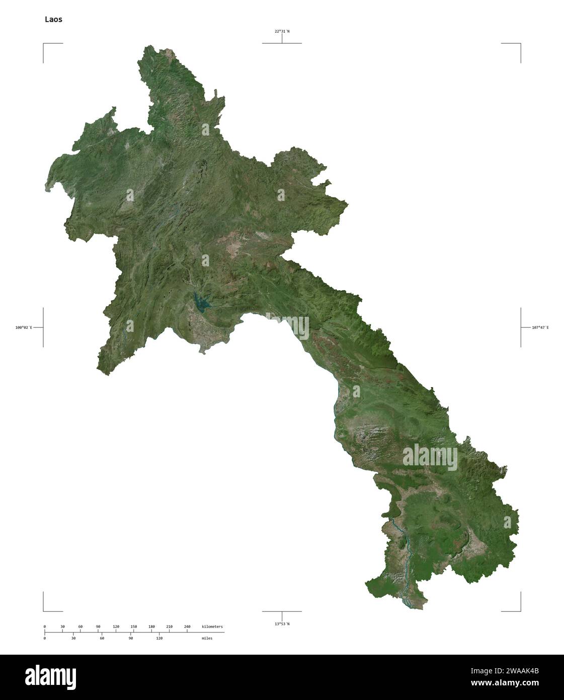 Shape of a high resolution satellite map of the Laos, with distance scale and map border ...