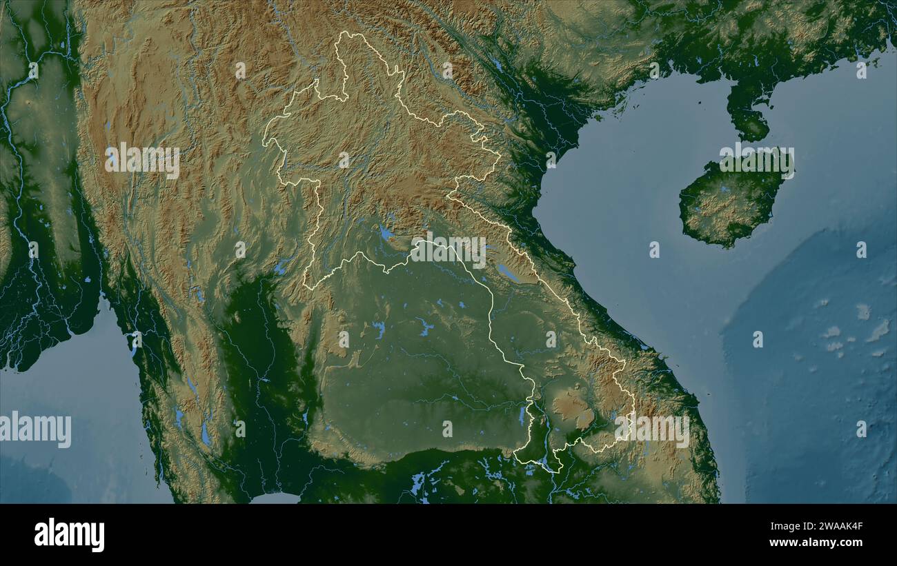 Laos outlined on a Colored elevation map with lakes and rivers Stock ...