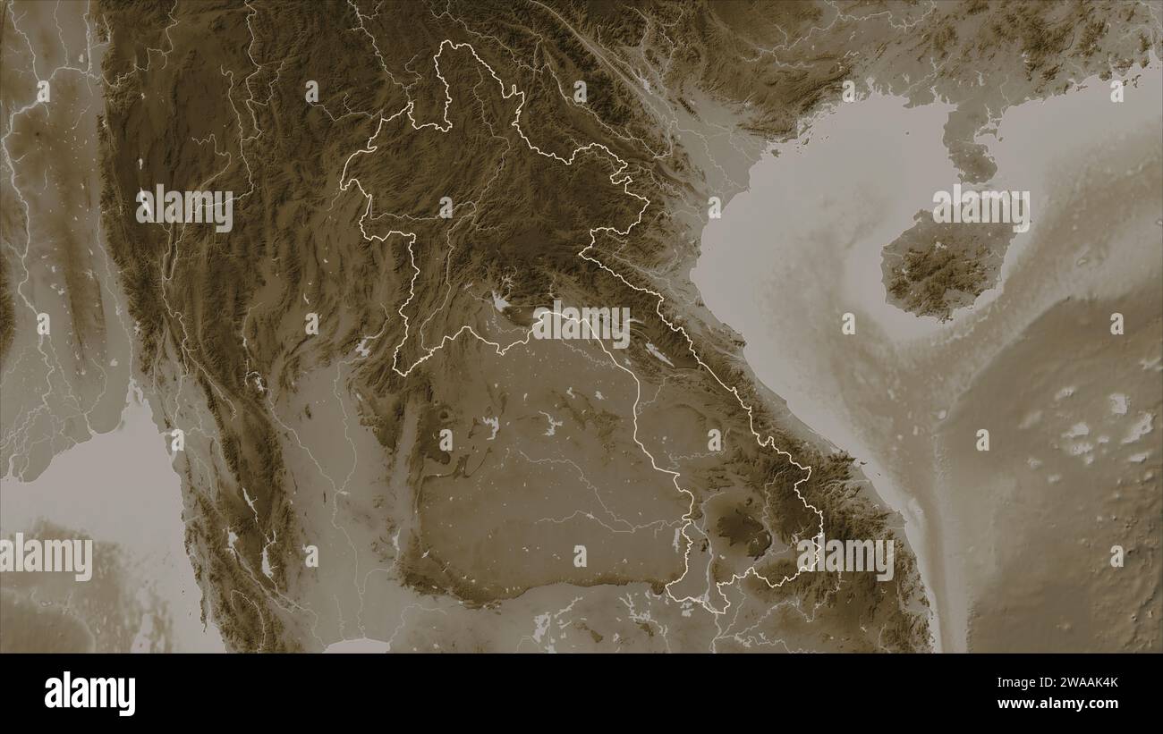 Laos outlined on a elevation map colored in sepia tones with lakes and ...