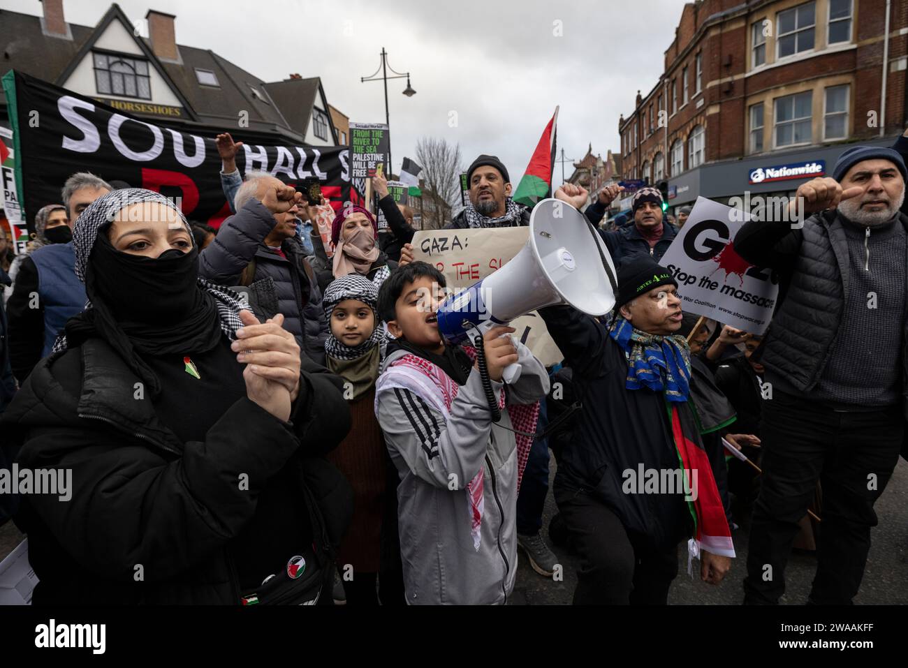 Anti Gaza War protest outside Southall Town Hall later moving along the ...