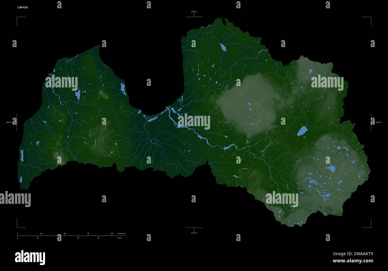Shape of a Colored elevation map with lakes and rivers of the Latvia, with distance scale and ...