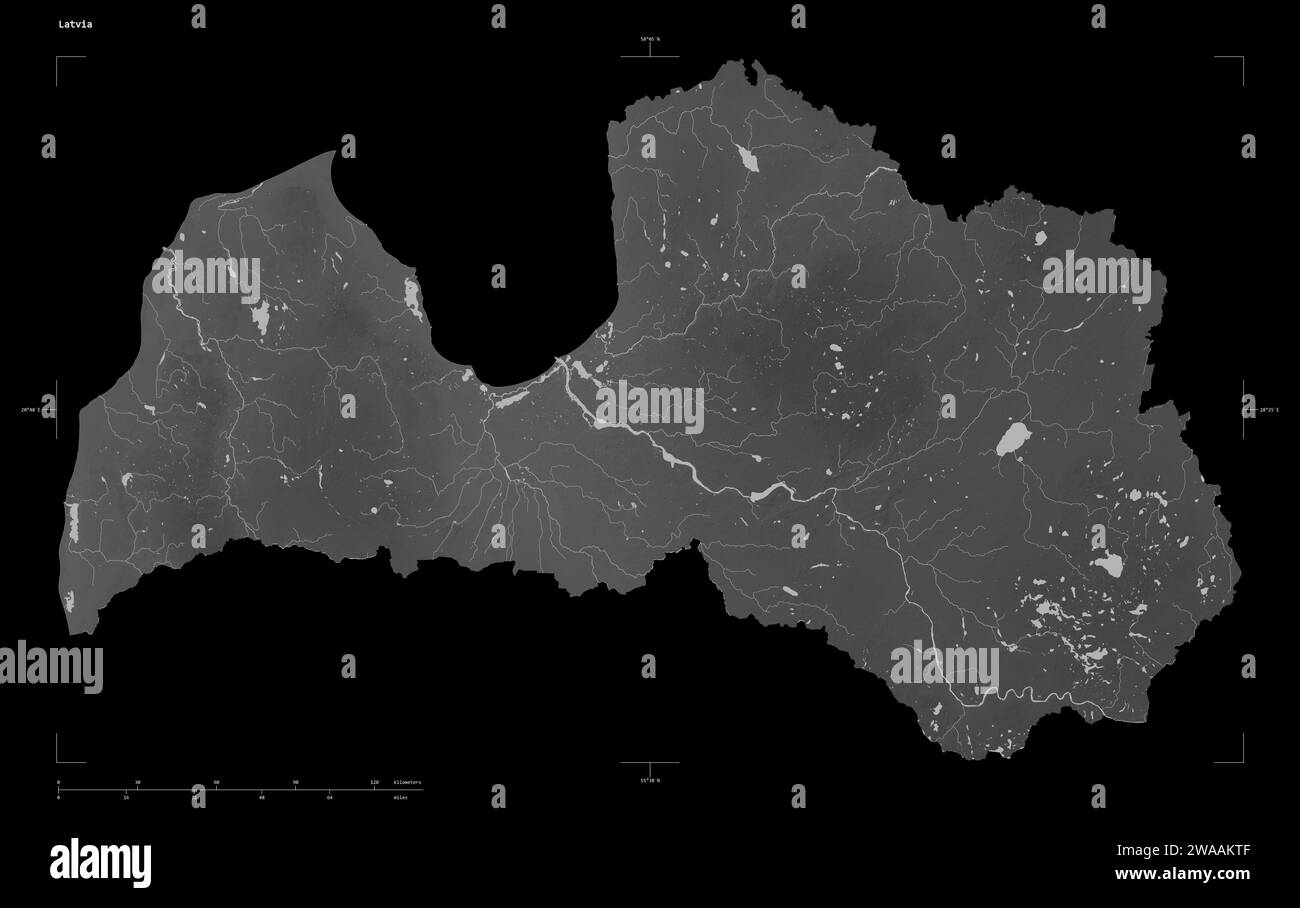 Shape of a Grayscale elevation map with lakes and rivers of the Latvia, with distance scale and ...