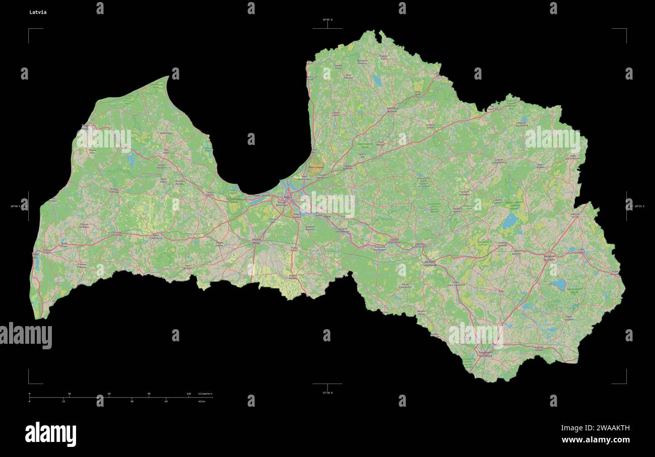 Shape of a topographic, OSM Germany style map of the Latvia, with ...